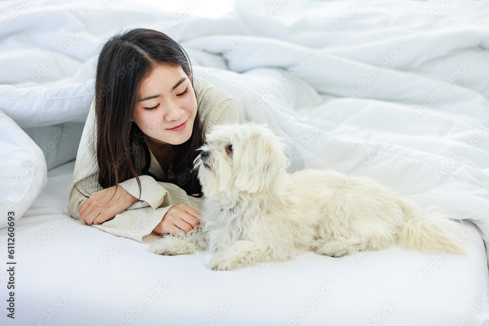 Foto de Asian young happy cheerful female owner laying lying down ...