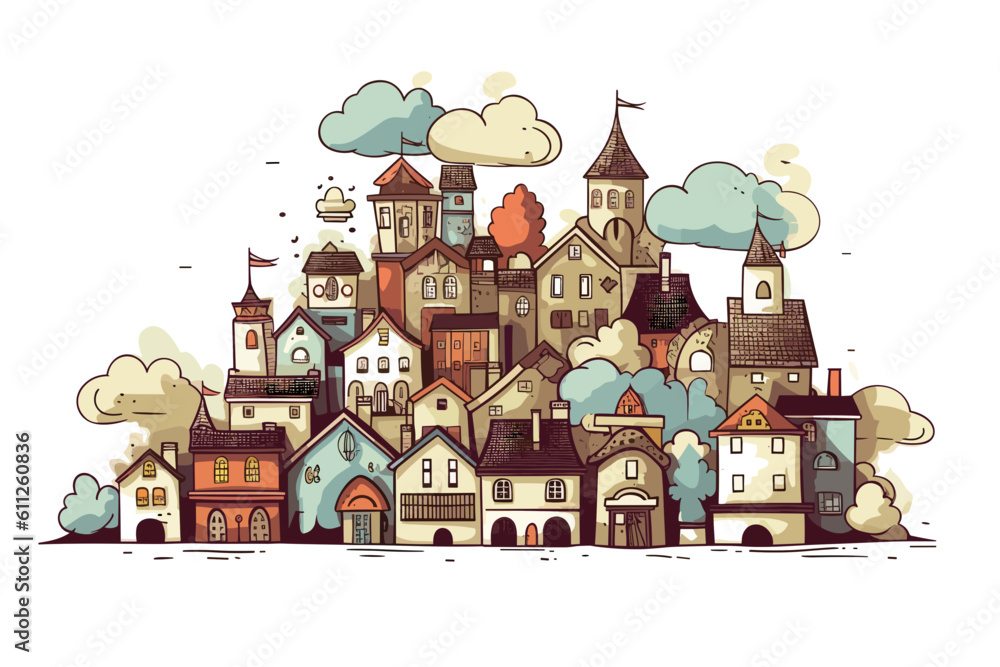 Vetor de Doodle inspired inside of frontier town, cartoon sticker ...