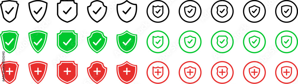 Set of security shield icons, security shields logotypes with check mark. Shield check mark icon ...