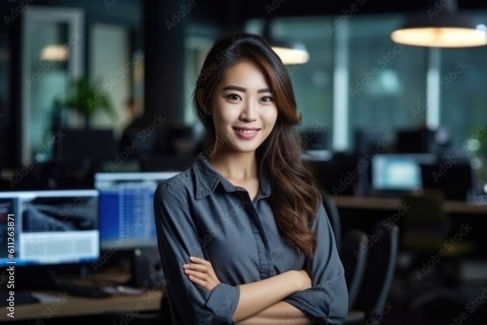 office work girl Pretty and cute smiling Asian model standing in front ...