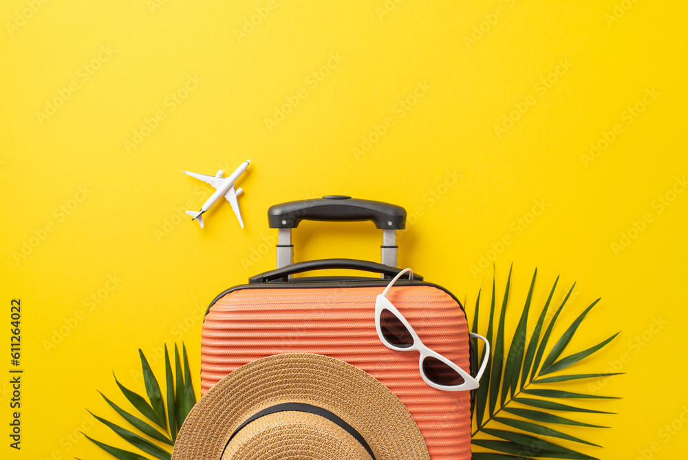 Summer vacation concept. Top view photo of orange suitcase with sunhat ...