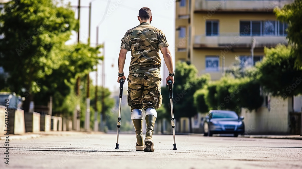 Brutal war took everything. Back of injured disabled soldier man with ...