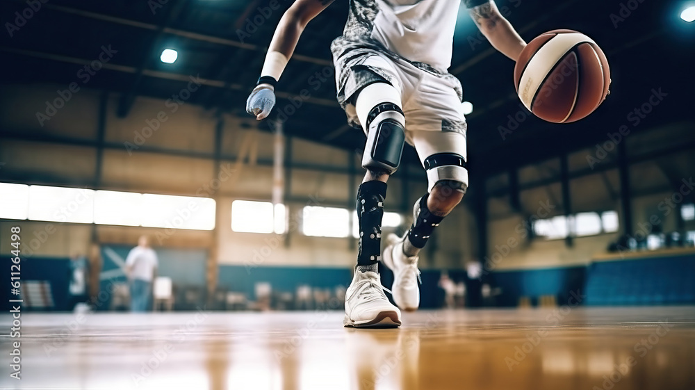 Disbaled basketball player with prosthesis in action on the court ...