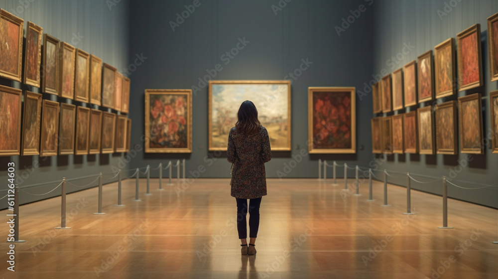 Back view of woman in Art Gallery Appreciating Artwork. Generative Ai ...