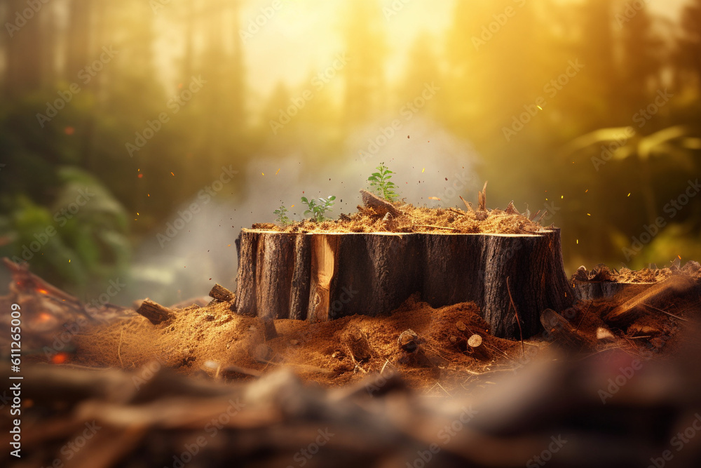Deforestation scene with trees being cut down, Climate change and ...