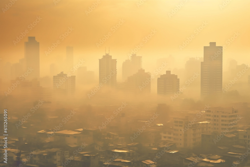 Smog-filled city skyline, Climate change and environmental degradation ...