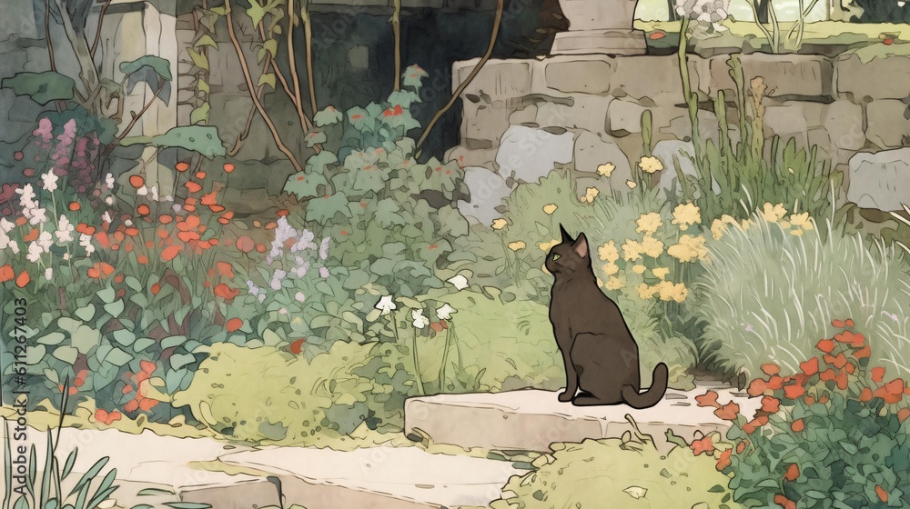 Lofi cat in a flower garden, anime manga style illustration Stock ...