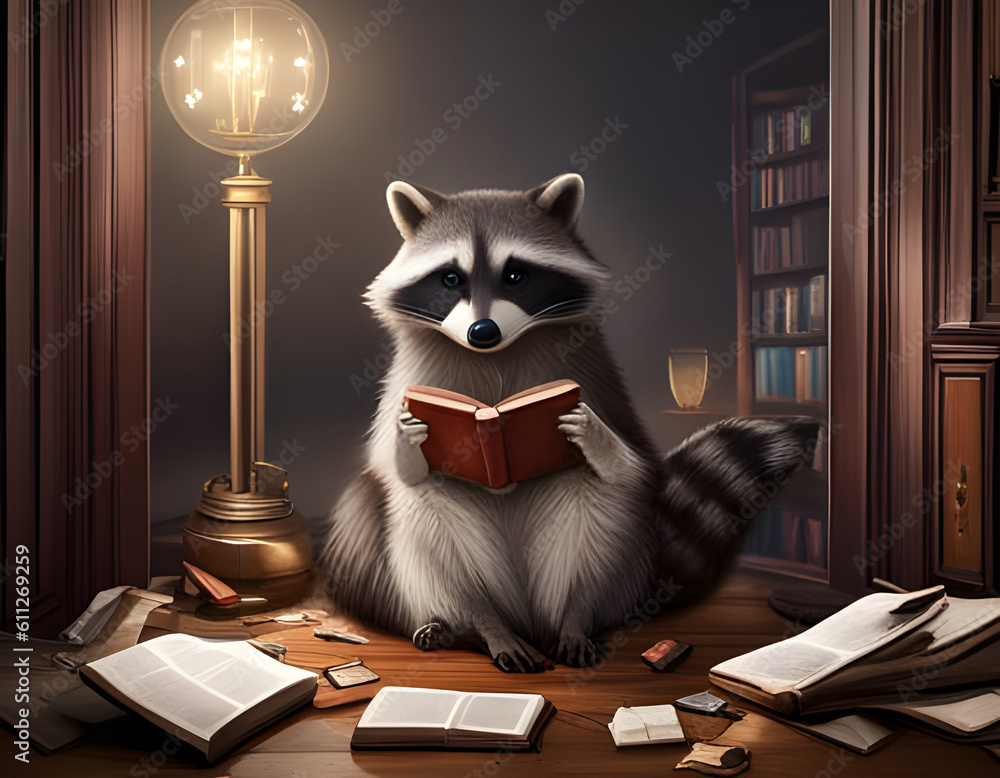 Cute raccoon reading a book in a library. Concept of a scolar and study ...