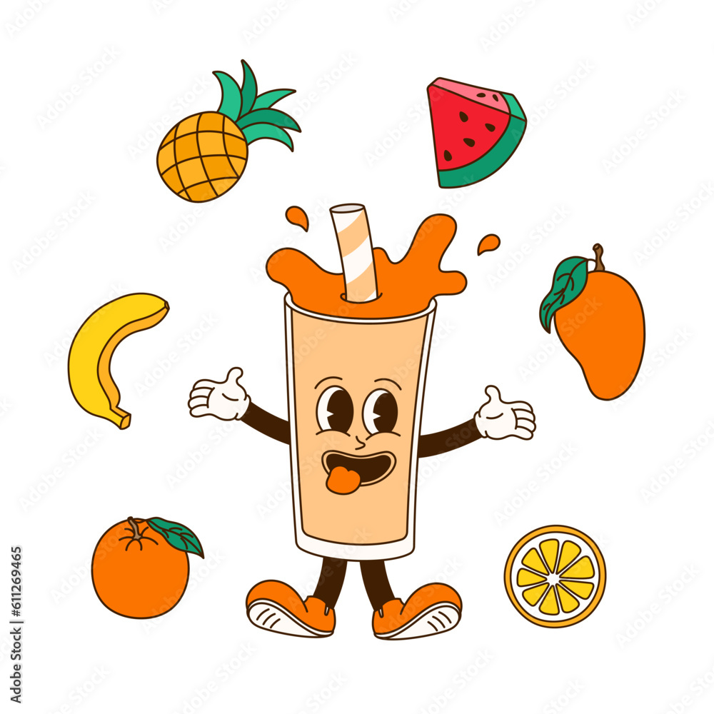 Fruit juice glass character in comic cartoon style on transparent ...