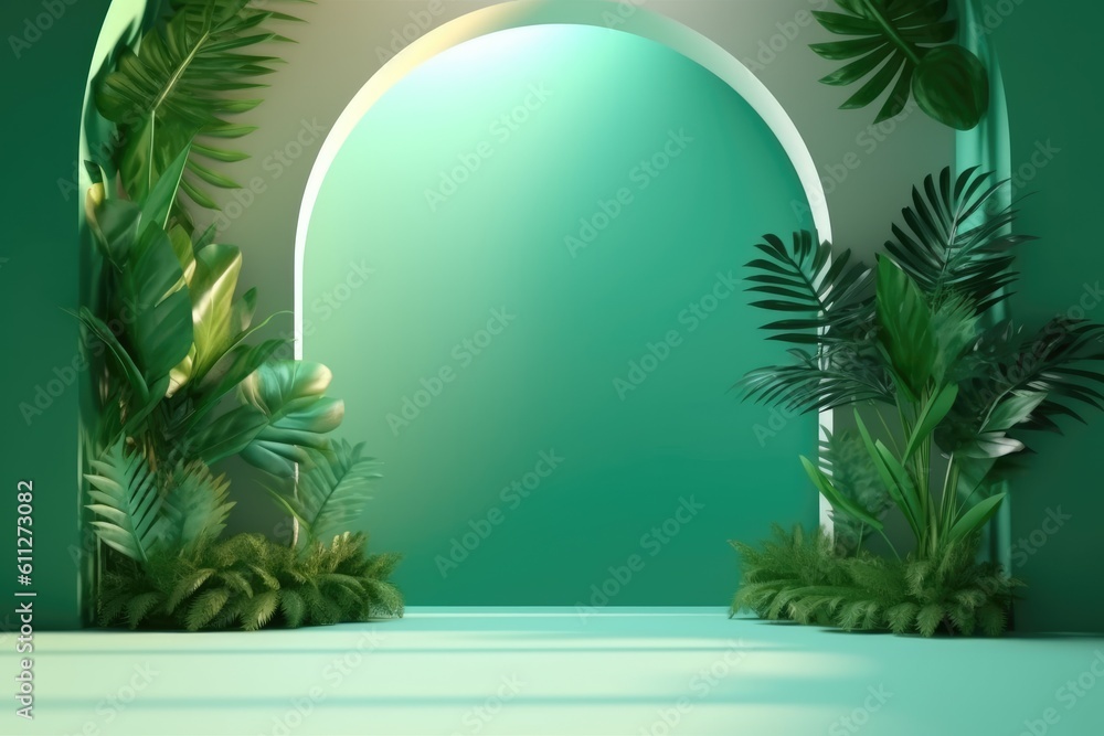 minimal green color studio background with tropical plants for product ...