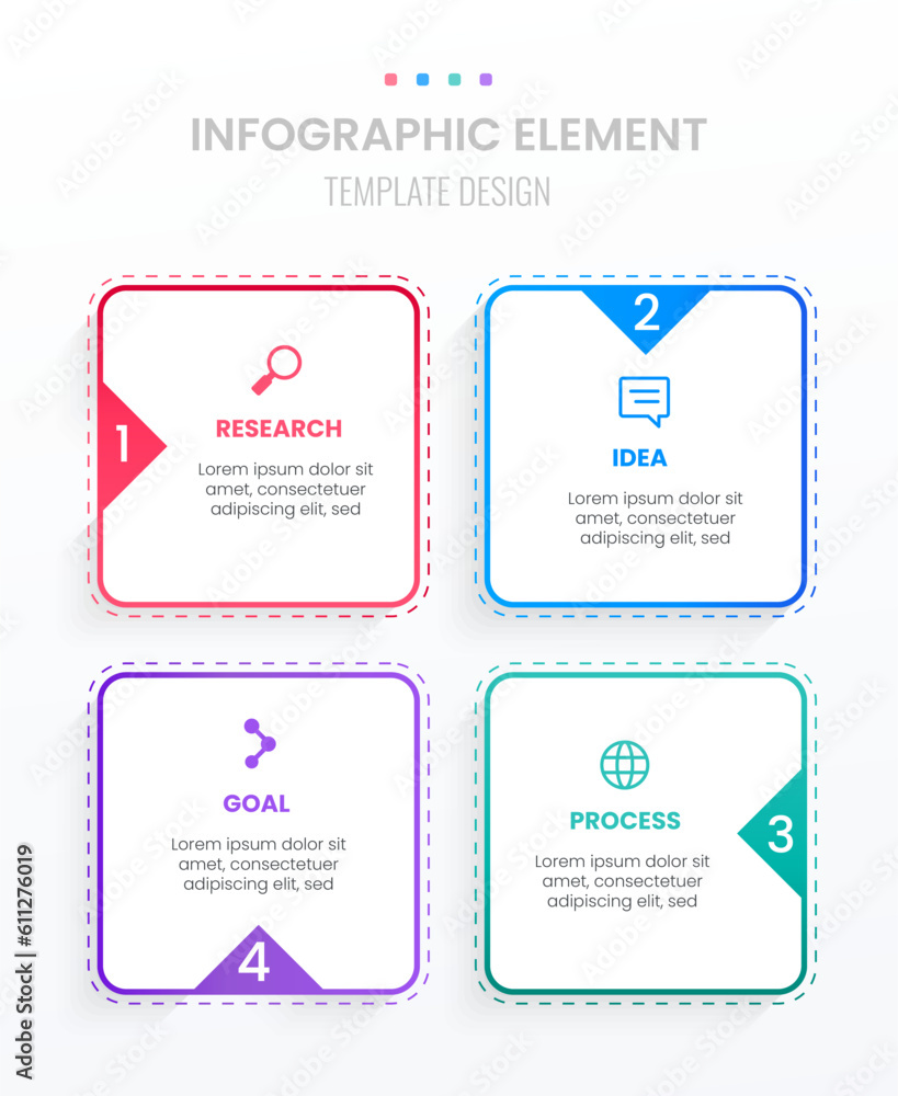 4 steps cycle square infographic design. Modern visuals and simple ...