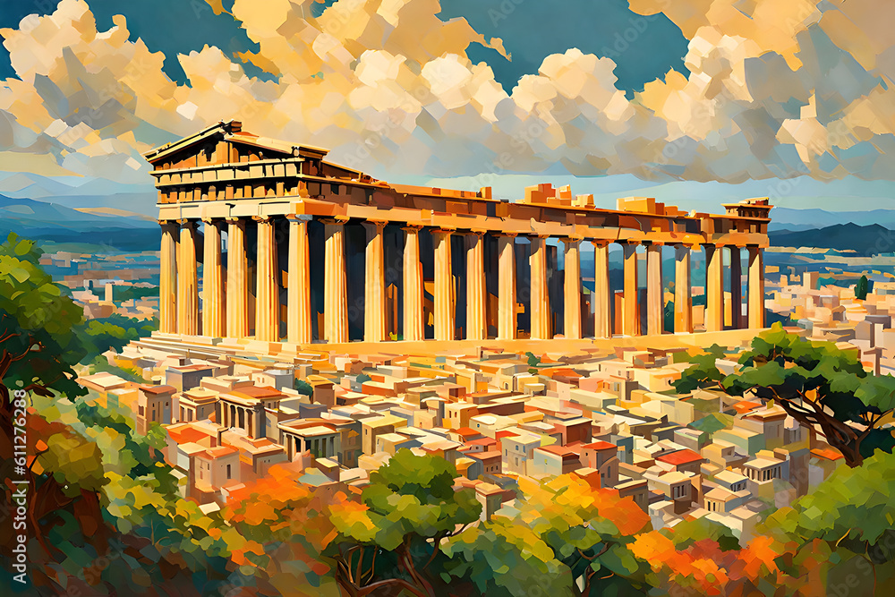 In this beautifully depicted illustration, the Parthenon emerges as a symbol of classical beauty ...