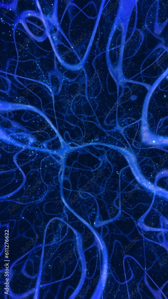 Abstract blue vertical neural network nerve cell nucleus Background. 3D ...
