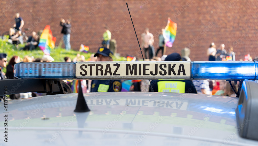 Municipal Police car lightbar emergency lights. Letters in Polish ...