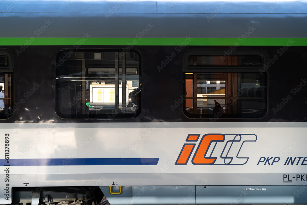 PKP Intercity passenger train wagon, with logo sign. Polish state ...