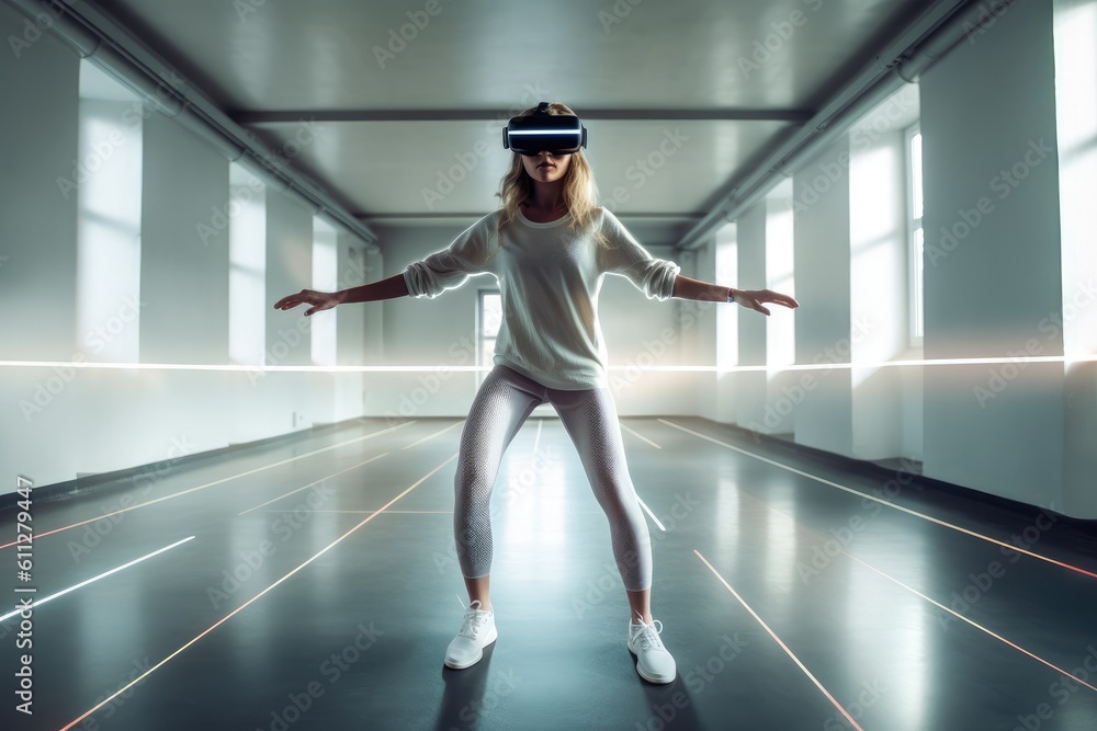 Futuristic vision of VR AR home sports, beautiful woman has fun making ...