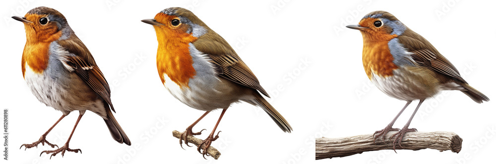 Collection of three little robins on a transparent background ...