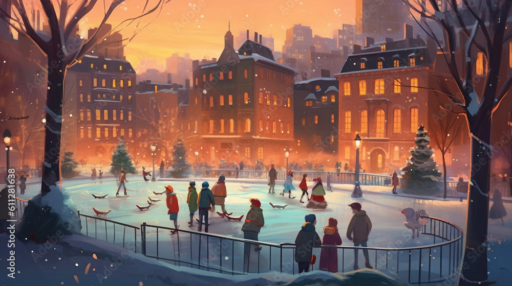 A lively winter scene in a bustling city, adorned with colorful lights ...