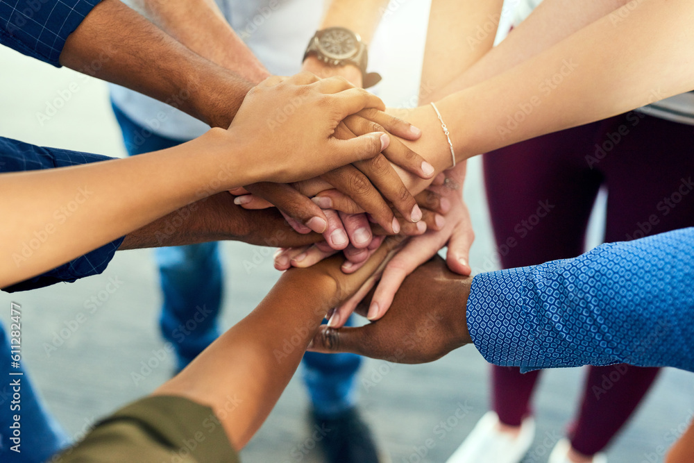 Team, hands together and trust of staff with collaboration, support and ...