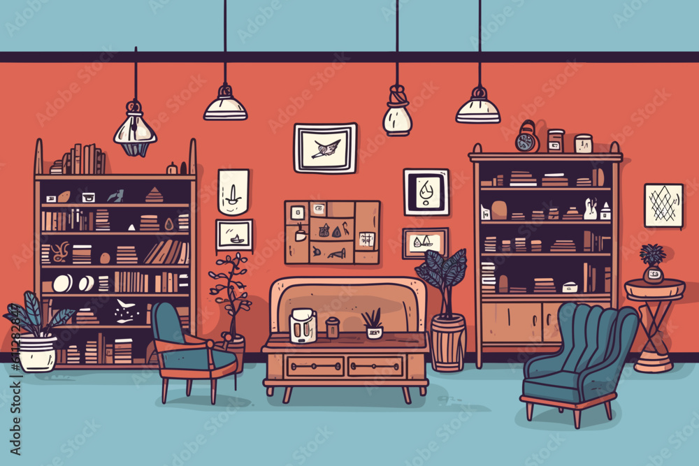 Doodle inspired inside of antique store, cartoon sticker, sketch ...