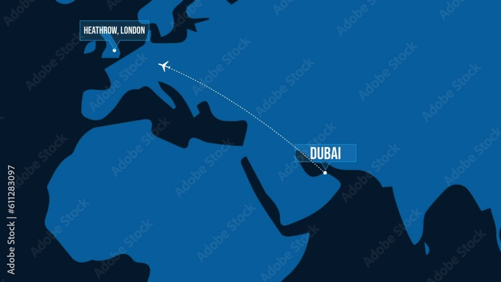 Dubai to London Heathrow airport route 4k Animation on a world map ...