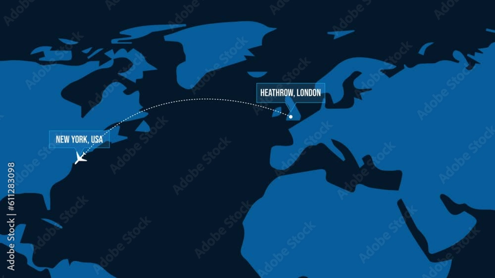 Heathrow to New York Flight 4K Animation on world map with plane and ...
