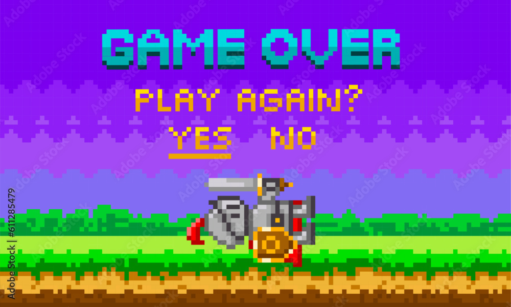Game over pixel-game background with perished knight. Pixel art game ...