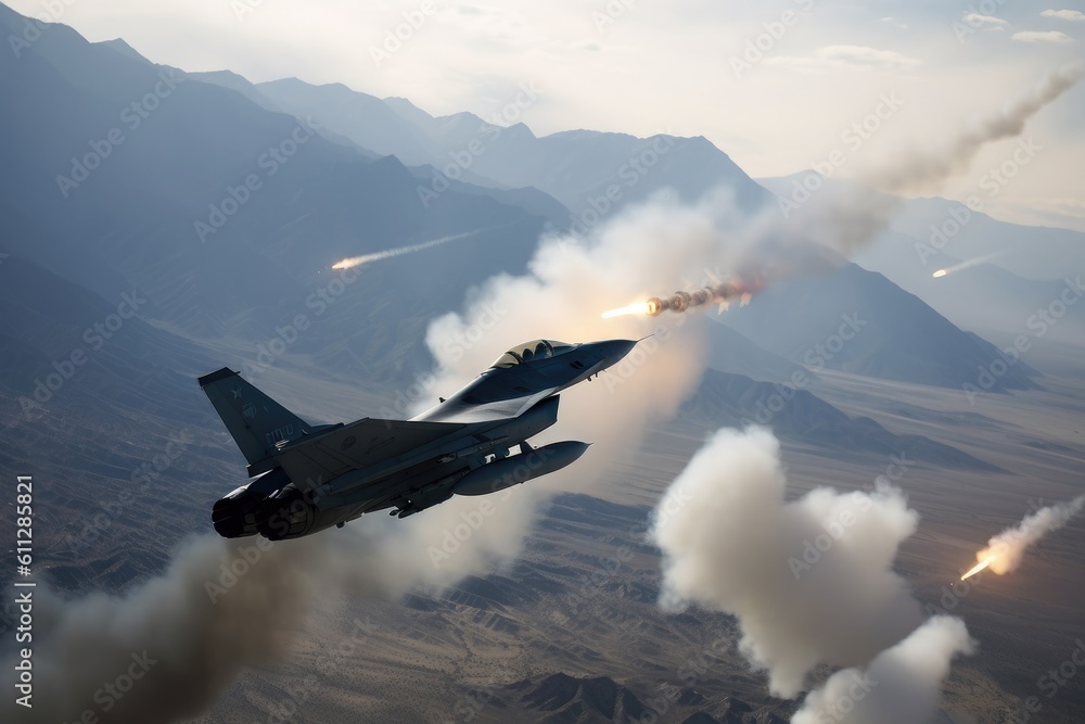 fighter jet flying in the sky over the mountains. Fighter jet shooting ...