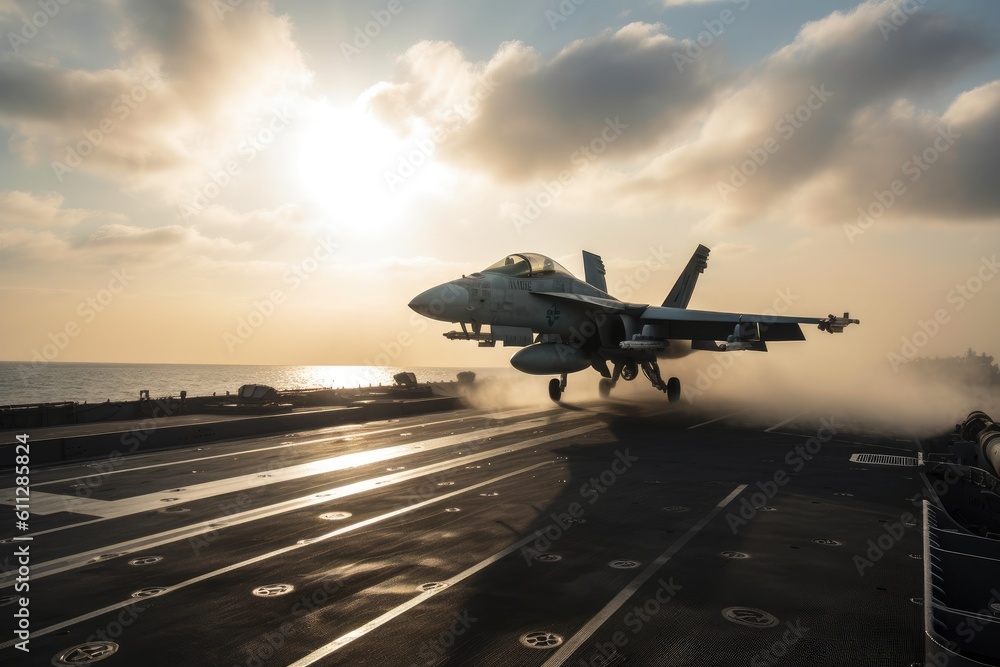 Fighter aircraft on the deck of a military aircraft carrier at sunset ...