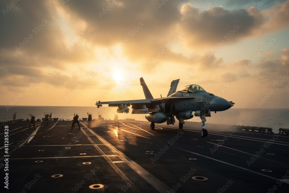 Fighter aircraft on the deck of a military aircraft carrier at sunset ...