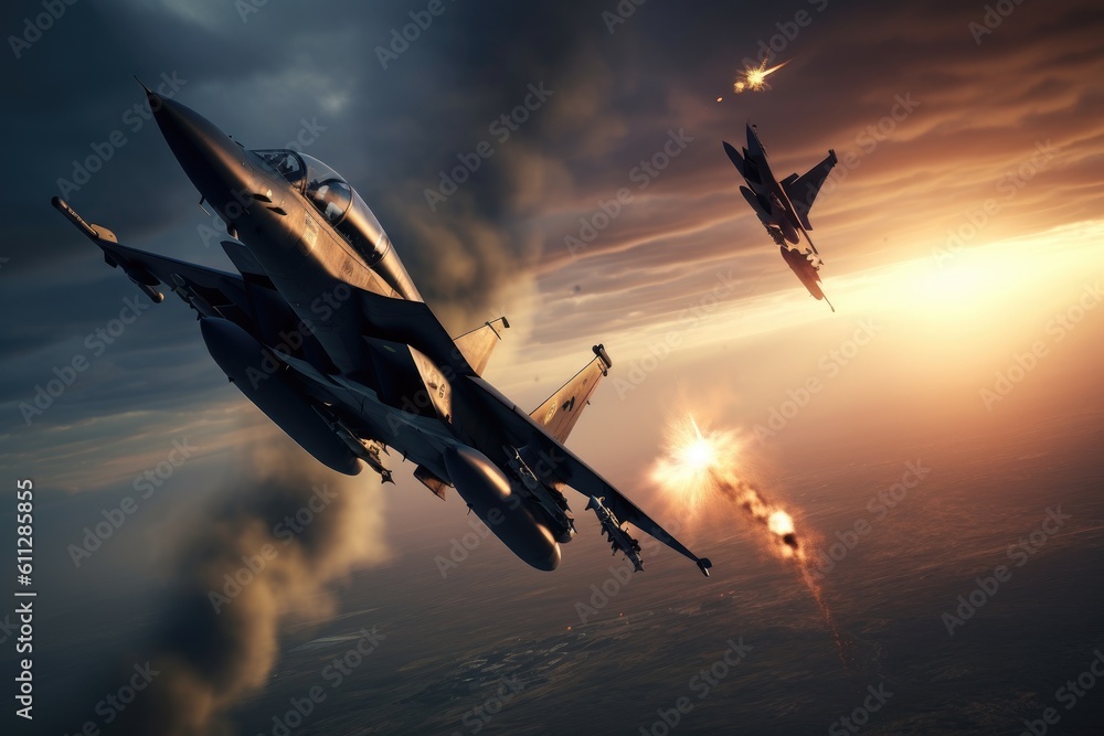 Fighter jet fighter in the sky at sunset. 3d rendering, Fighter jet ...