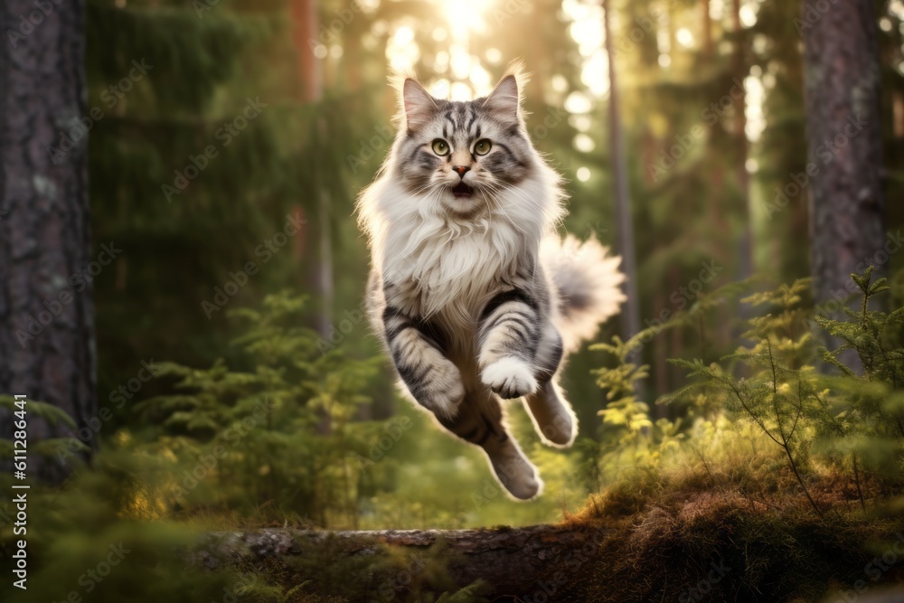 Full-length portrait photography of a happy norwegian forest cat ...