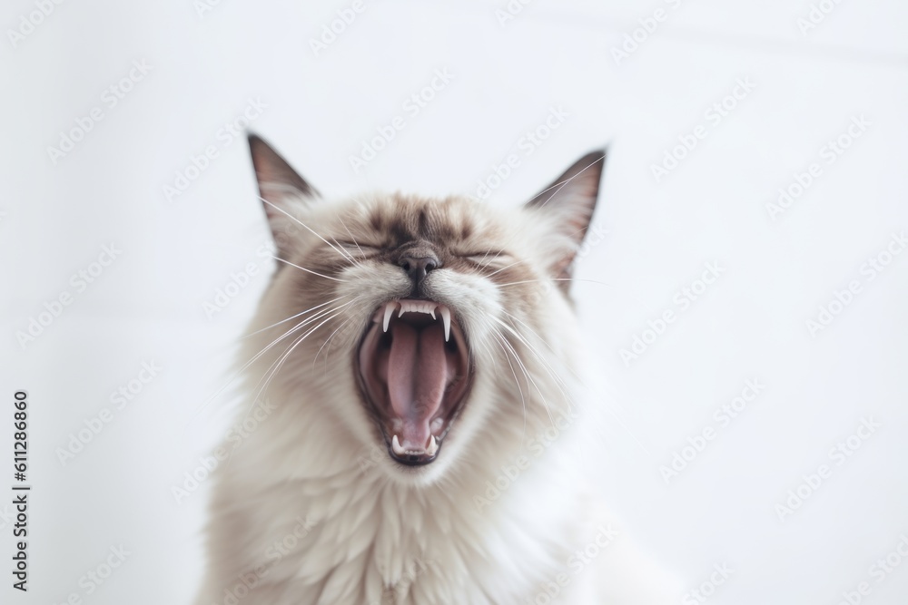 Lifestyle portrait photography of a tired balinese cat meowing against ...
