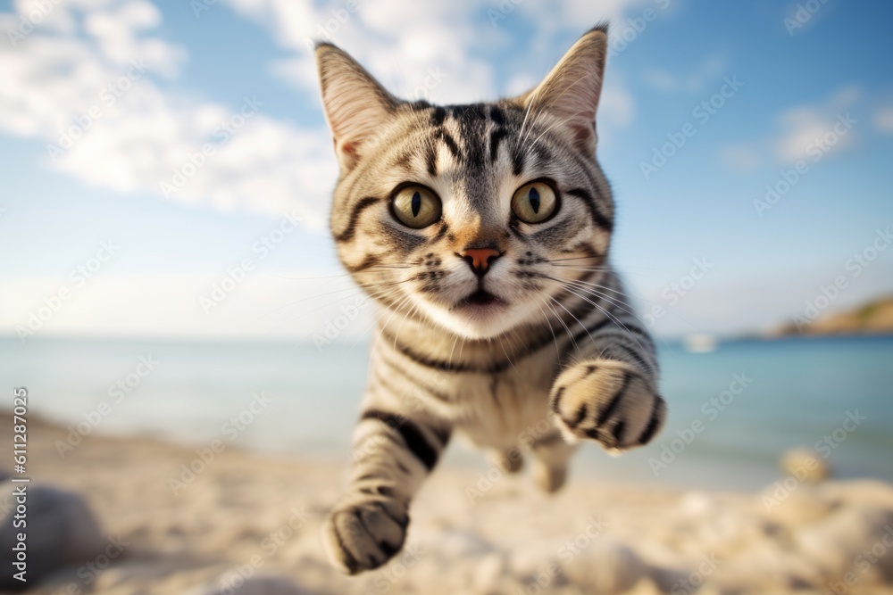 Close-up portrait photography of a happy american shorthair cat hopping ...