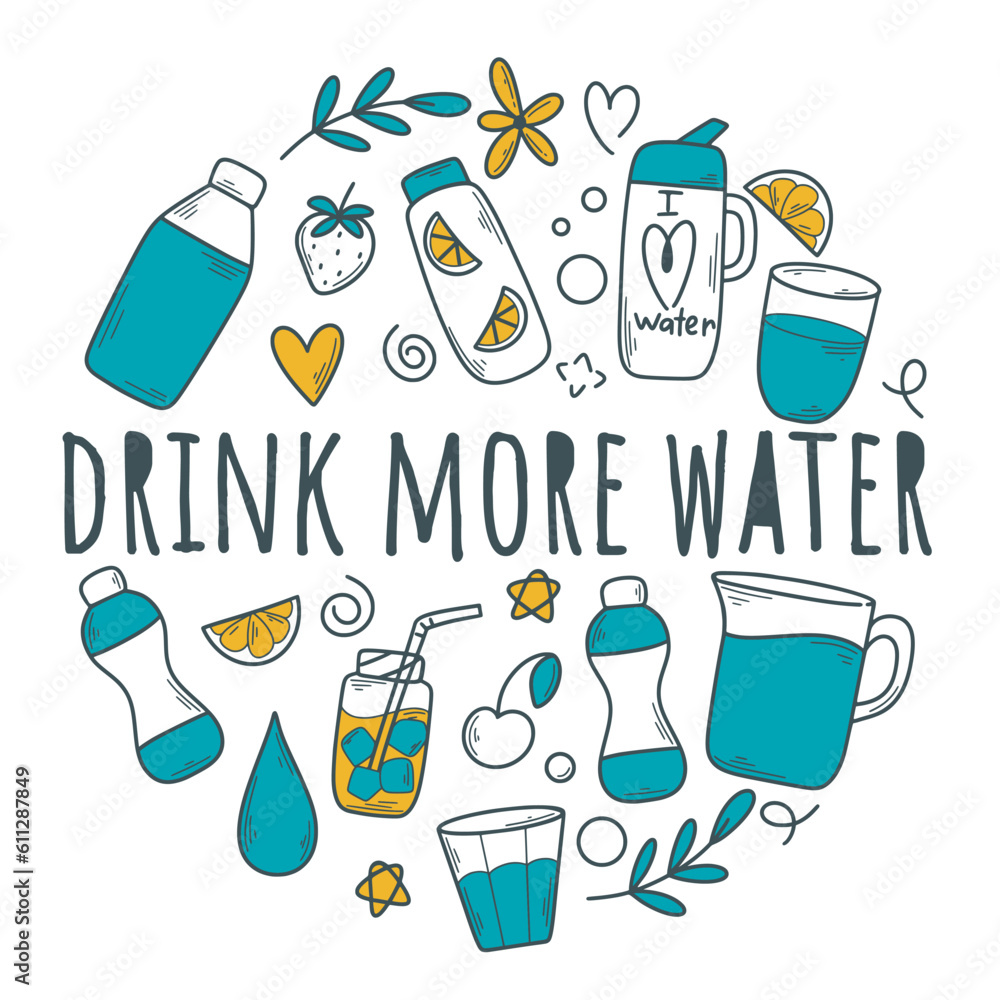 Drink more water concept. Doodle style illustration of clean water ...