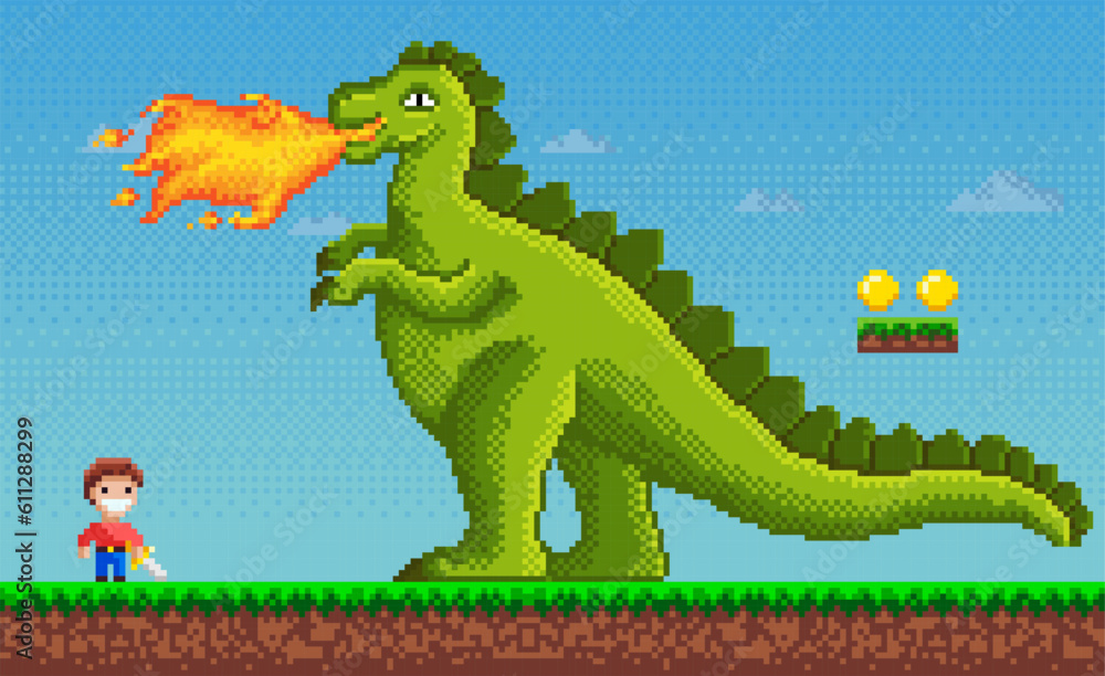 Pixel-game dinosaur monster breathes fire on human character in pixel ...