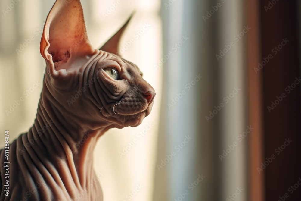 Lifestyle portrait photography of a smiling sphynx cat tail wagging ...