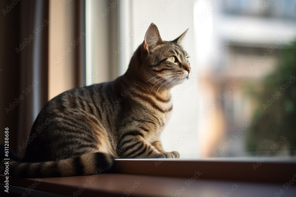 Medium shot portrait photography of a funny tabby cat window watching ...
