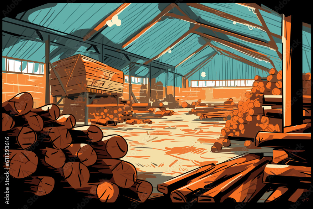 Doodle inspired inside of lumberyard, cartoon sticker, sketch, vector ...