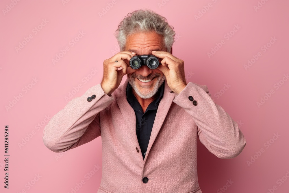 Medium shot portrait photography of a happy mature man imitating the ...
