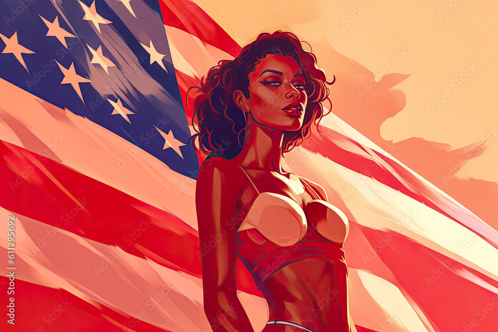 Sexy African American Woman In Front Of The United States Flag