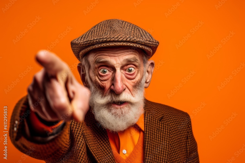 Medium shot portrait photography of a glad old man making a i see you ...