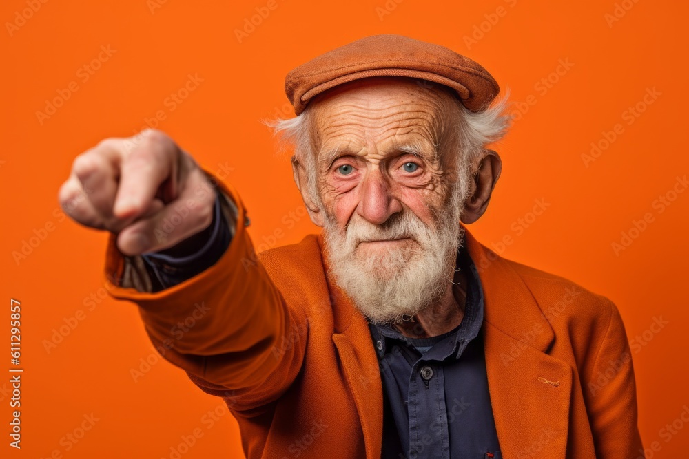 Medium shot portrait photography of a glad old man making a i see you ...