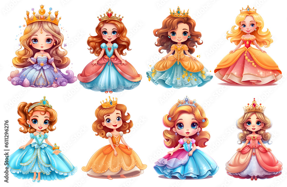 Set of beautiful black Princess, Cartoon Style with transparent ...