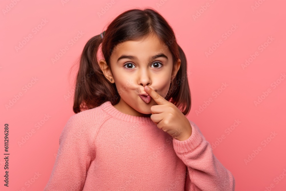 Close-up portrait photography of a grinning kid female making a silence ...
