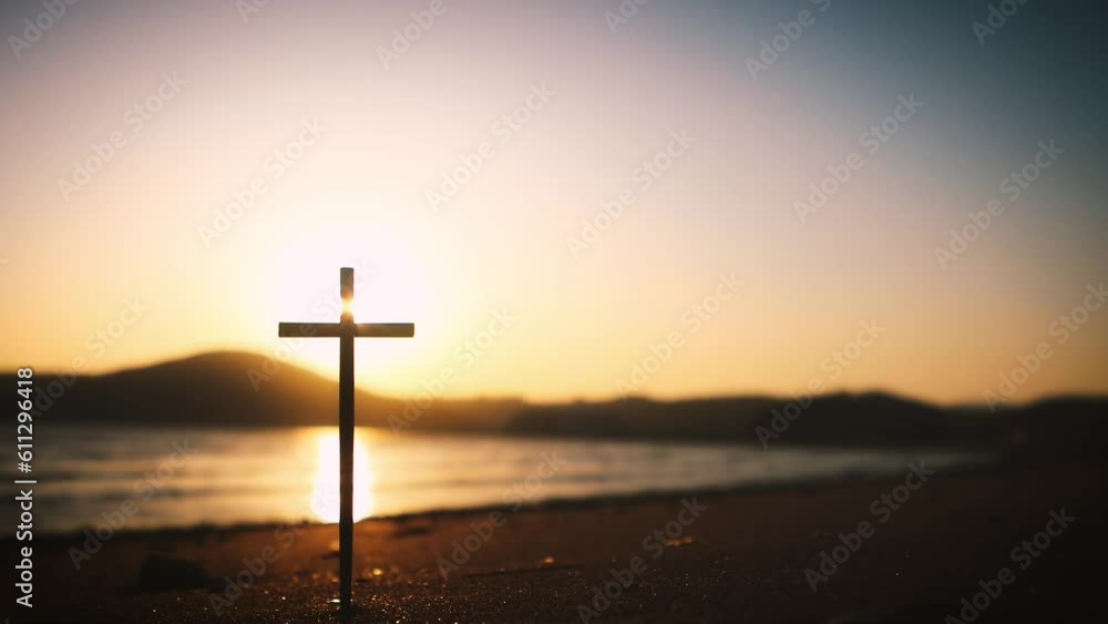 Sunset light, summer sea wave sound, sandy beach, and the holy cross of ...