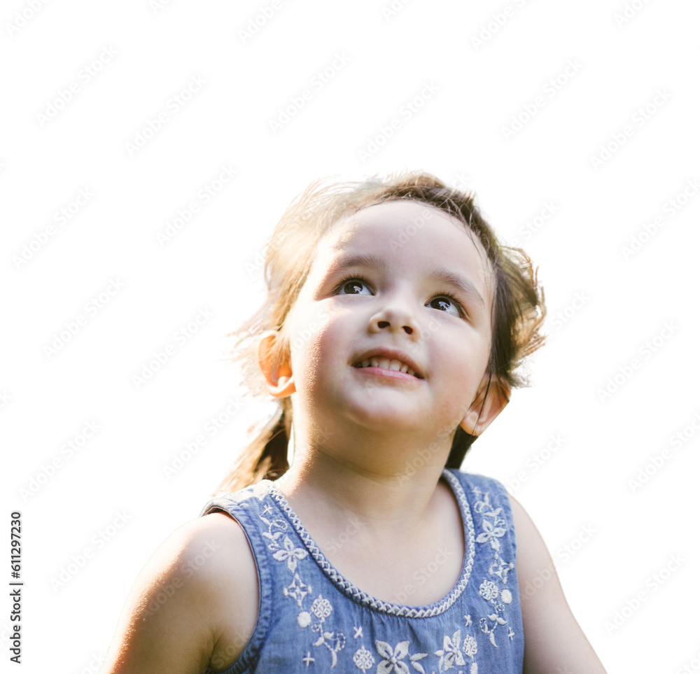 portrait little girl cute kid looking up isolated white background ...