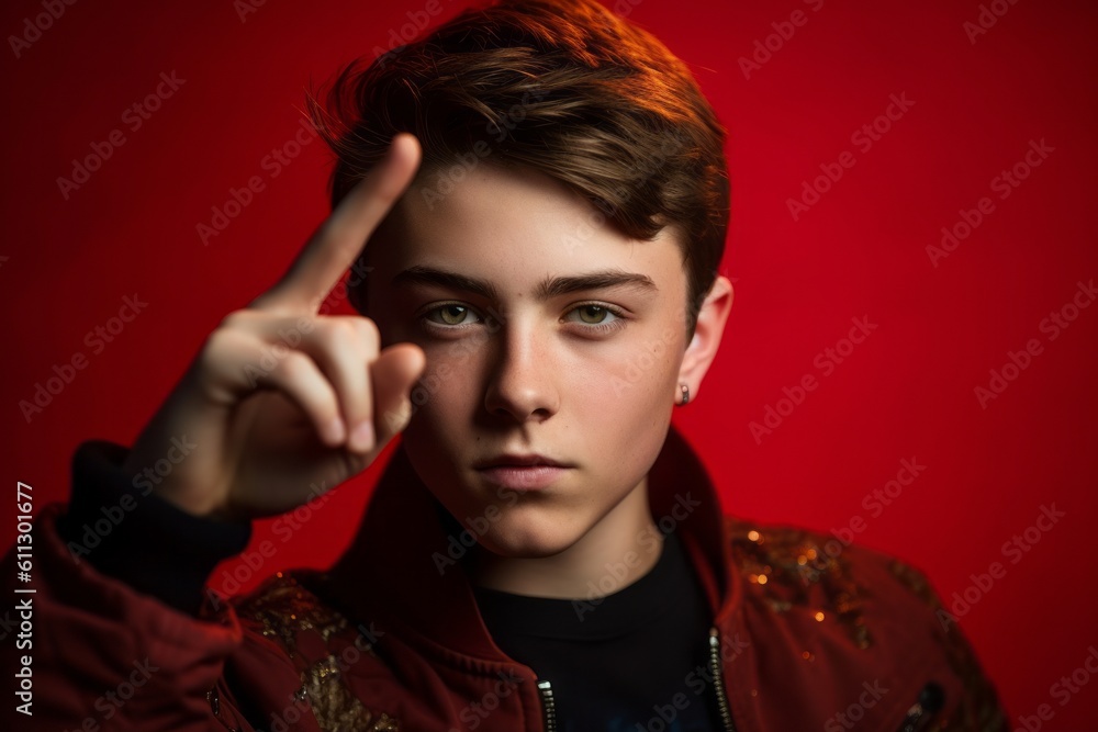 Close-up portrait photography of a glad boy in his 20s making a rock on ...