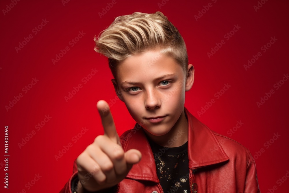 Close-up portrait photography of a glad boy in his 20s making a rock on ...