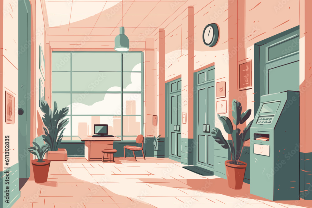 Doodle inspired inside of post office, cartoon sticker, sketch, vector ...